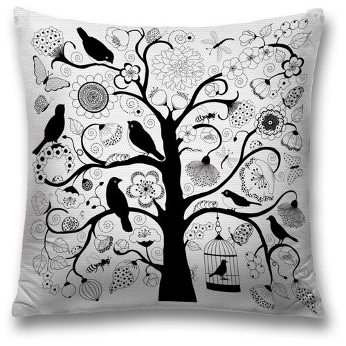 Наволочка декоративная на молнии, чехол на подушку JoyArty "Цветочное дерево с птицами" 45х45 см