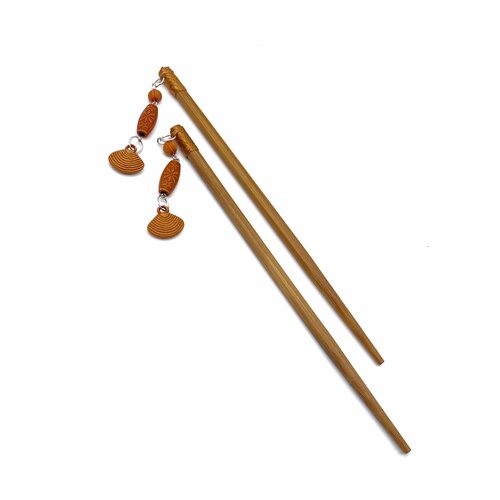 Китайские палочки для волос с подвесками 2 шт из дерева "цилиндр+ракушка"
