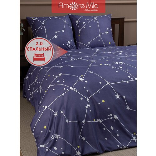 Постельное белье Amore Mio серии Макосатин 2 спальный, полисатин, микрофибра комплект синий с рисунком звезды