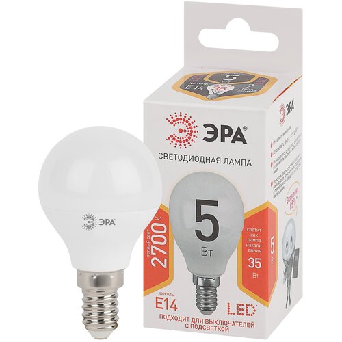 Лампочка светодиодная ЭРА STD LED P45-5W-827-E14 E14 / Е14 5Вт шар теплый белый свет, 1шт