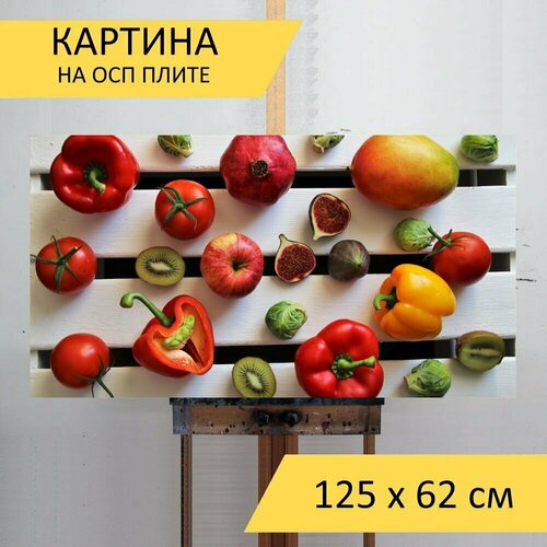 Картина на ОСП 125х62 см. "Манго, киви, фрукты" горизонтальная, для интерьера, с креплениями