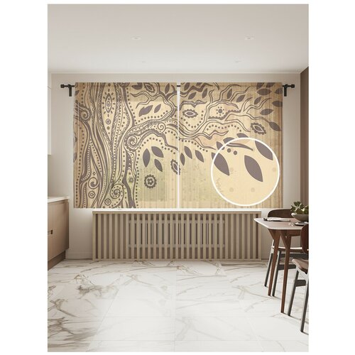 Тюль для кухни и спальни JoyArty "Расписанное дерево", 2 полотна со шторной лентой шириной по 145 см, высота 180 см.