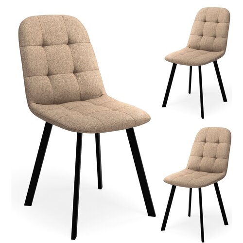 Комплект мягких стульев со спинкой для кухни 3 шт, светло-коричневая рогожка, каркас черный
