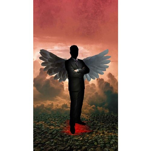 Картина на холсте 60x110 LinxOne "Силуэт, ангел, дьявол, крылья, вертикальный" интерьерная для дома / на стену / на кухню / с подрамником