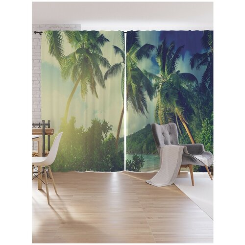 Шторы под лён JoyArty "Экзотический пляж с пальмами", серия Oxford DeLux, 340х265 см