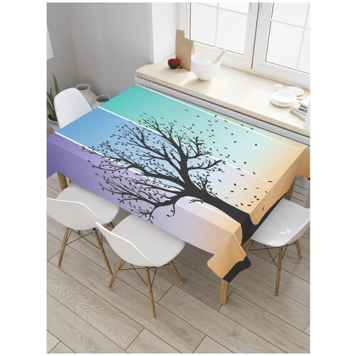 Скатерть прямоугольная JoyArty на кухонный стол "Силуэт дерева на цветных полосах" из оксфорда, 120x145 см