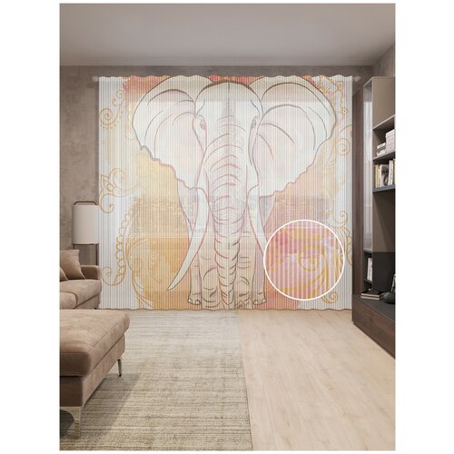 Тюль вуаль на шторной ленте с принтом "Добрый слон" для гостиной, зала, кухни, спальни, детской, 310х265 см; Красный, оранжевый