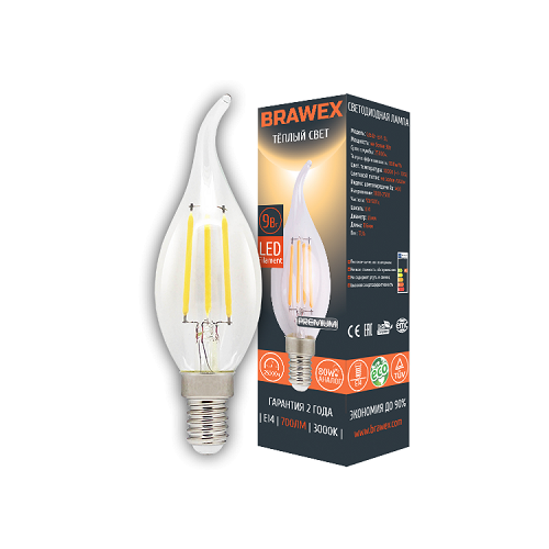 Упаковка светодиодных ламп Brawex LED Filament Candle 9W 3000K E14 C35QF-E14-9L (10шт)