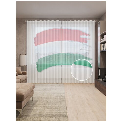 Тюль вуаль на шторной ленте с принтом "Флаг Венгрии в мазках" для гостиной, зала, кухни, спальни, детской, 310х265 см; Белый, зеленый, красный
