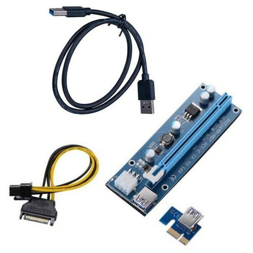 Райзер для видеокарты Riser Card Ver V006C, PCI-E x16, 6PIN, USB 3.0, 60см, синий, кабели в комплекте