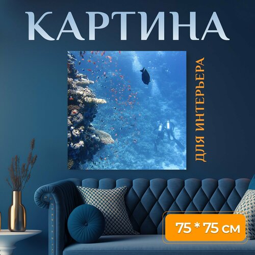 Картина на холсте "Дайвер, подводный, океан" на подрамнике 75х75 см. для интерьера