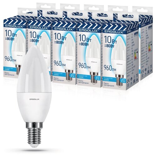 Лампочка Ergolux LED C35, 10Вт, E14, 4К, комплект 10 штук