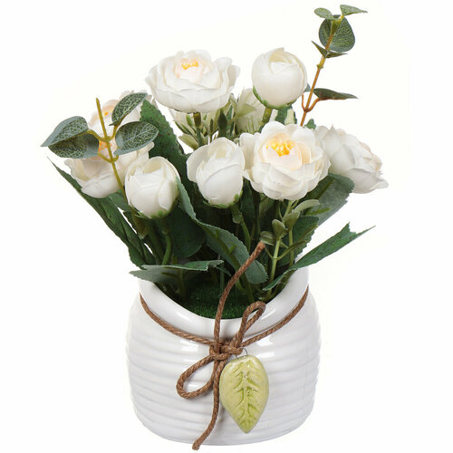 Цветок искусственный декоративный Букет роз, в кашпо, 16 см, бел, Y6-2056