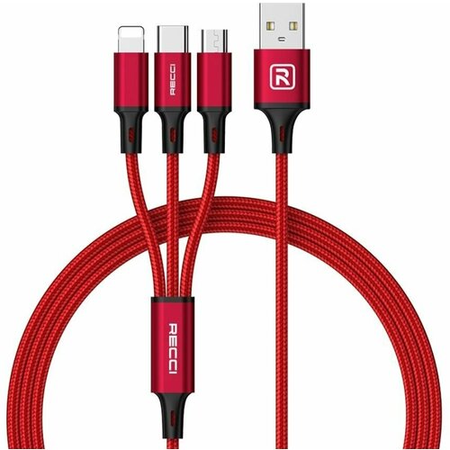 Кабель для зарядки телефона Recci RCS-D120 Tube USB to Type-C+Lightning+Micro-USB, 1.2 метра - Красный