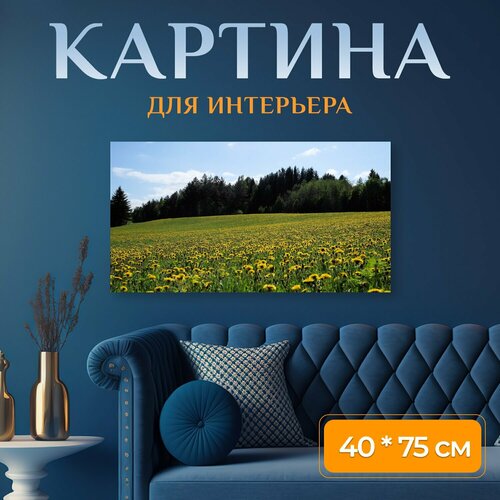 Картина на холсте "Одуванчик, поле, пейзажное изображение" на подрамнике 75х40 см. для интерьера