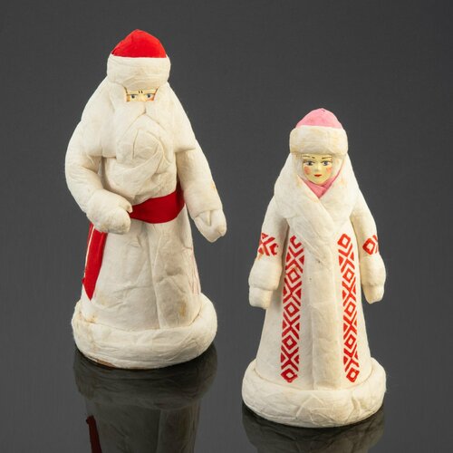 Игрушки новогодние "Дед Мороз и Снегурочка", папье-маше, бумага, вата, роспись