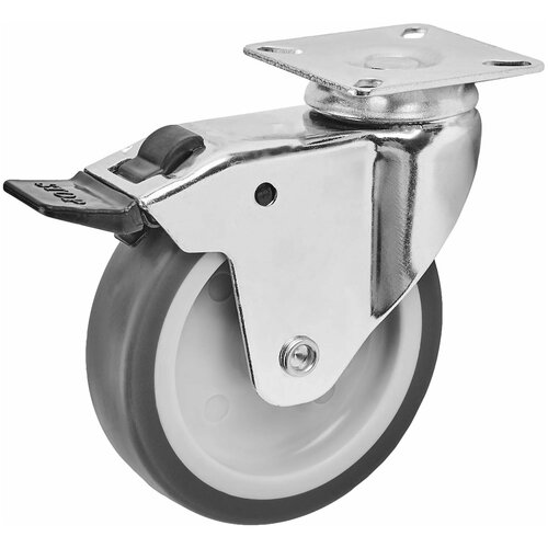 Поворотное колесо d100 мм с тормозным механизмом и нагрузкой до 70 кг, предназначено для использования на твердых поверхностях, подходит для легкого т
