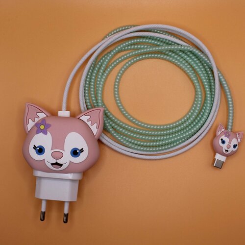 Комплект с обмоткой-спиралью для кабеля и защитный чехол для зарядки и защита кабеля от излома - Кошечка(зеленая)