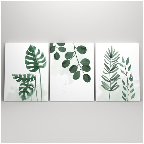 Набор интерьерных постеров (картин) "Акварельные листья №1" на холсте с подрамником, размер 45х60, 3 шт.