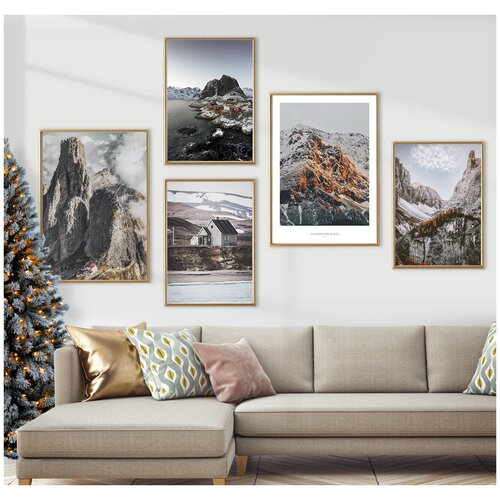 5 постеров "Снежные горы" в тубусе без рамы / Набор постеров картин для интерьера / Картина для интерьера / Плакат / Постер на стену