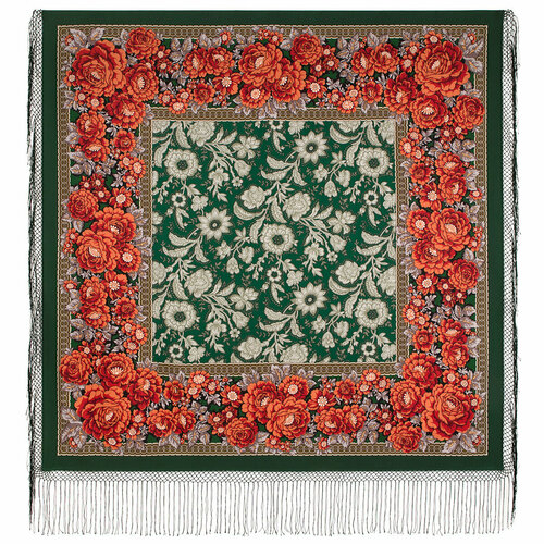 Платок Павловопосадская платочная мануфактура,148х148 см, бежевый, зеленый