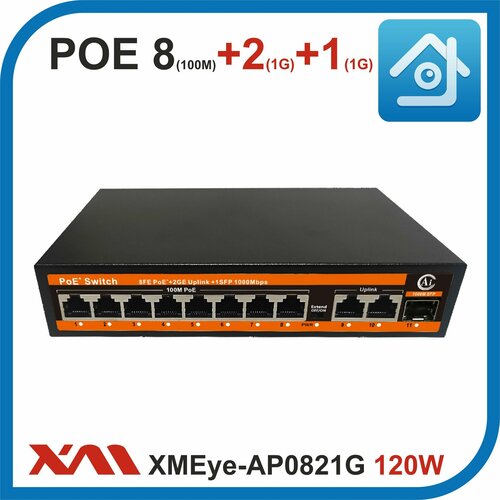 XMEye-AP0821G. 120W. Коммутатор POE на 8 портов (10/100M) + 2 uplink GIGABIT (1000M) + 1 SFP GIGABIT (1000M).