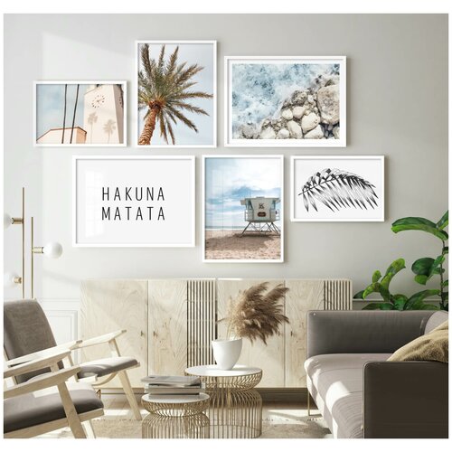 6 постеров без рамки "Море, пляж и пальмы" в тубусе / Набор постеров картин для интерьера / Картина для интерьера