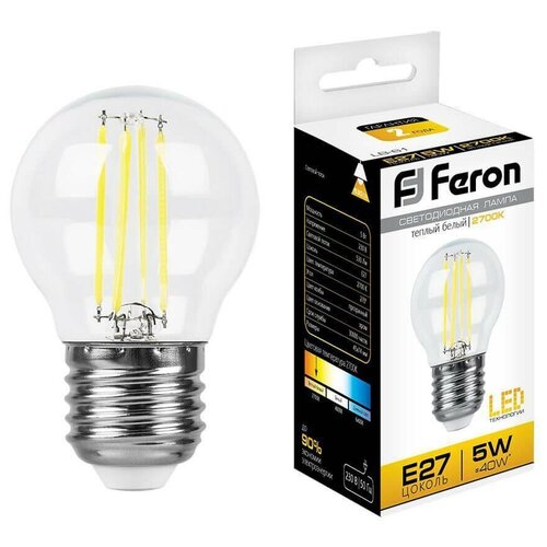 Feron (10 шт.) Лампа светодиодная филаментная Feron E27 5W 2700K Шар Прозрачная LB-61 25581