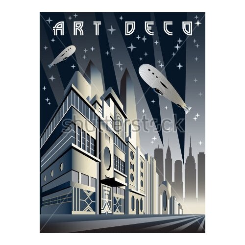Постер Стильная открытка с изображением дирижаблей, плывущих по звёздному небу, в прожекторах света большого города 30см. x 40см.
