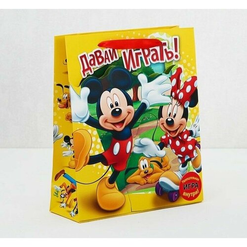 Пакет подарочный ламинированный с открыткой-игрой Микки Маус, ручка-лента, 23x27х8 см
