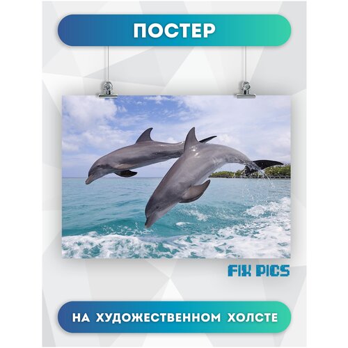 Постер интерьерный на стену для дома в офис, постеры для интерьера на холсте дельфины в море пара дельфинов 40х60 см