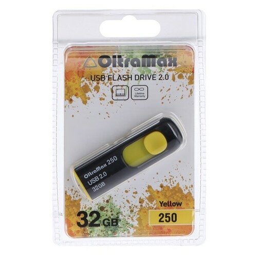 Флешка OltraMax 250, 32 Гб, USB2.0, чт до 15 Мб/с, зап до 8 Мб/с, жёлтая