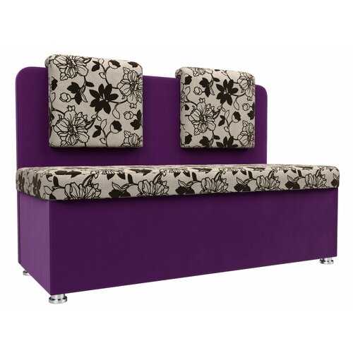 Кухонный прямой диван Маккон 2-х местный, Рогожка Цветы и Микровельвет фиолетовый