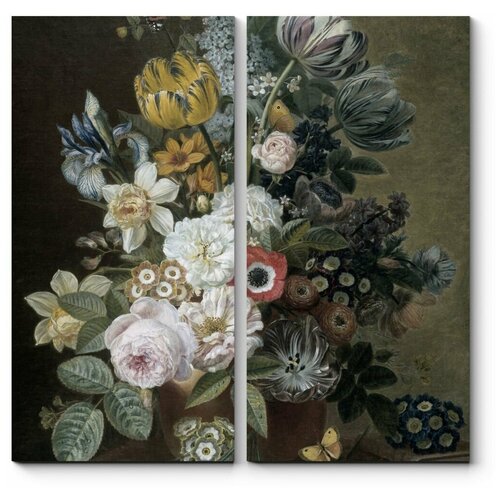 Модульная картина Пышный букет из роз, тюльпанов и ирисов 100x100