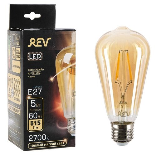 Лампа светодиодная REV LED FILAMENT VINTAGE, ST64, E27, 5 Вт, 2700 K, теплый свет