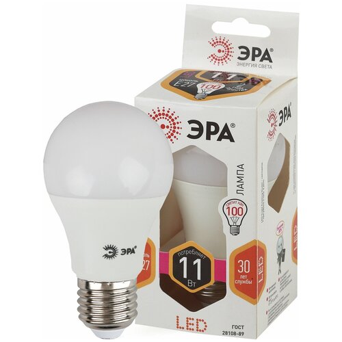 Лампа светодиодная ЭРА, 11 (100) Вт, цоколь E27, груша, теплый белый свет, 25000 ч, LED, smdA60-10w-827-E27, Б0020532 В комплекте: 3шт.