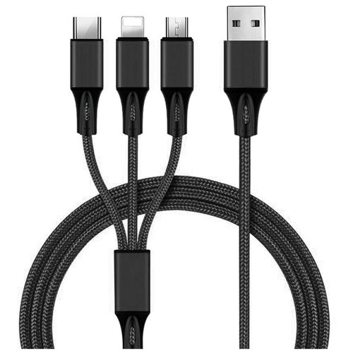 Кабель для быстрой зарядки айфона и андроид / 3 в 1 / micro USB, type-c, Lightning, 2А / текстильная армированная оплетка / 1 метр / черный