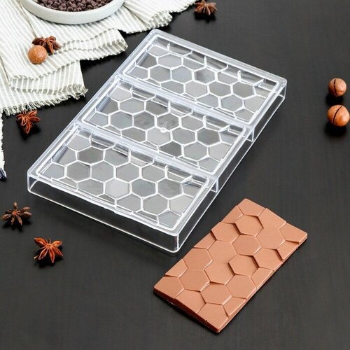 Форма для шоколада и конфет KONFINETTA «Соты», 27,5×17,5×2,5 см, 3 ячейки (15,3×7,5х0,8 см)