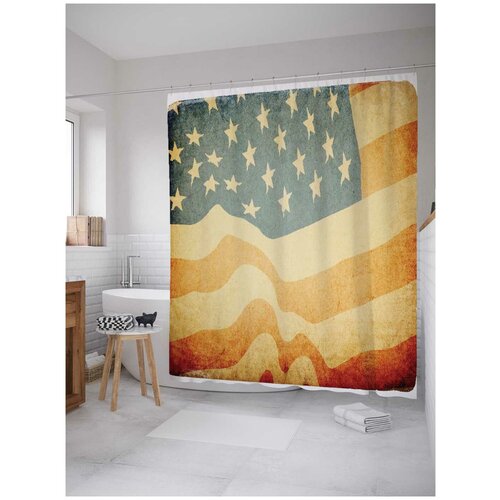 Штора водоотталкивающая для ванной, занавеска в ванную комнату тканевая JoyArty "Американский флаг гранж", 180х200 см