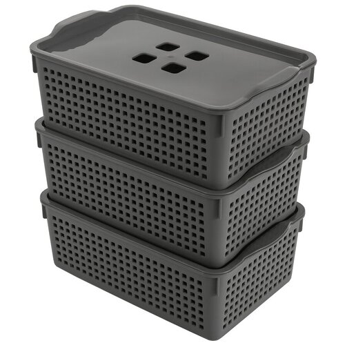 Корзина для хранения Лофт 3,8л с крышкой 3 шт / контейнер / хозяйственная коробка, цвет серый