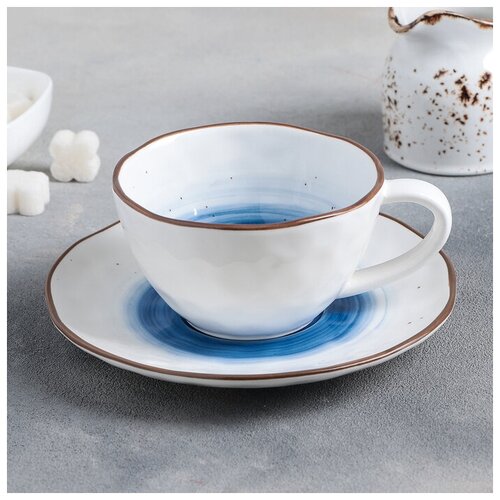Чайная пара керамическая Доляна "Космос", чашка 250 мл, блюдце d=16 см, цвет синий
