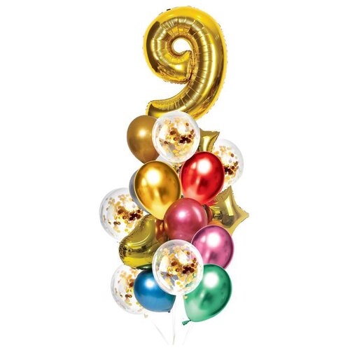 Букет из шаров Страна Карнавалия "День рождения 9 лет", фольга, латекс, набор 21 шт., цвет золотой
