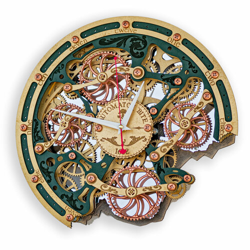 Настенные часы WOODANDROOT "Автоматон Bite 1682 Зеленое золото с движущимися шестеренками