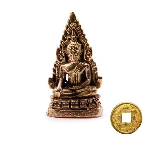 Статуэтка-фигурка "Будда сидит на троне" (3,5х2 см, бронза) + монета "Денежный талисман"