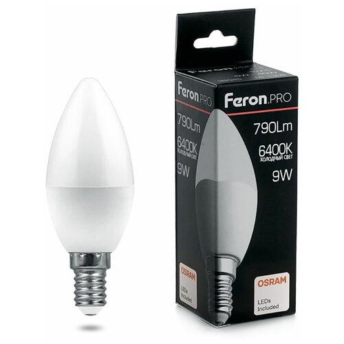 Лампа светодиодная . PRO LB-1309 Свеча E14 9W 6400K, FERON 38061 (1 шт.)