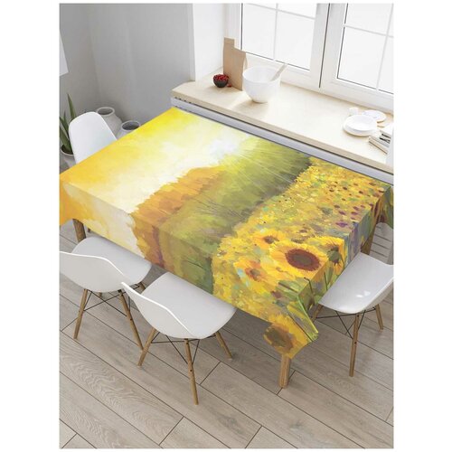 Скатерть прямоугольная JoyArty на кухонный стол "Подсолнухи на рассвете" из оксфорда, 120x145 см