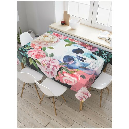 Скатерть прямоугольная JoyArty на кухонный стол "Череп в цветочном венке" из оксфорда, 180x145 см