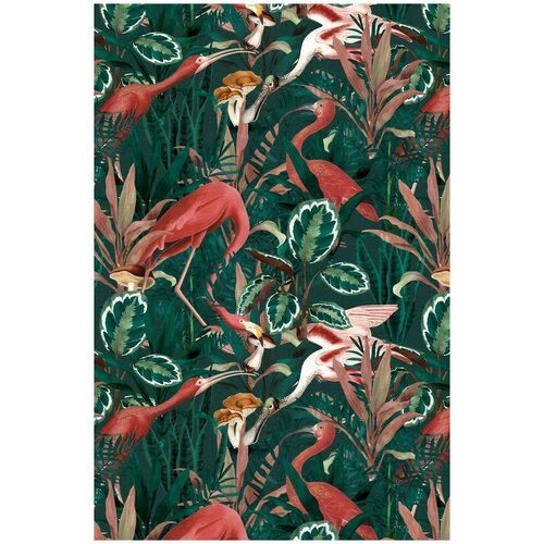 Постер / Плакат / Картина Джунгли - Фламинго среди зеленых растений 50х70 см в подарочном тубусе