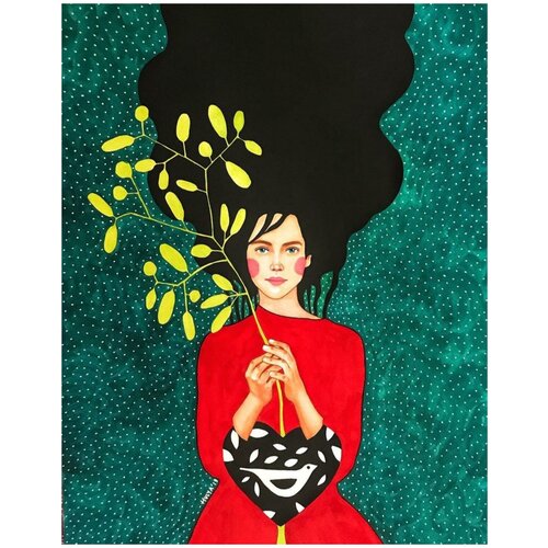Постер / Плакат / Картина Девушка с веточкой 50х70 см в раме
