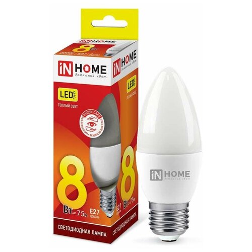 Лампа светодиодная LED-СВЕЧА-VC 8Вт 230В E27 3000К 720лм IN HOME 4690612020440 (40шт.)